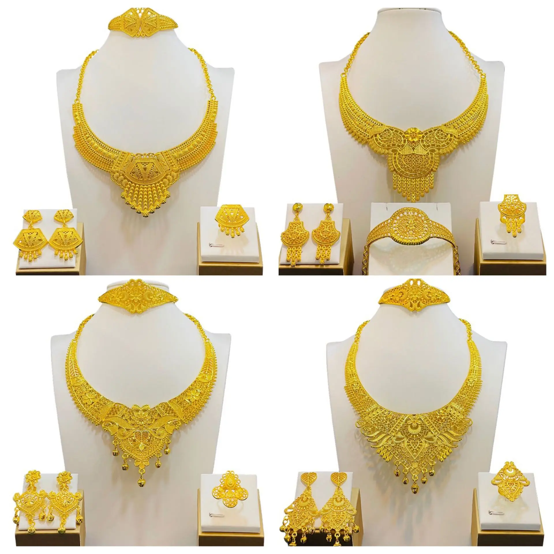 24K Gold Plated Luxury Gold Jewelry Set Necklace Ring Bracelet Earrings ...