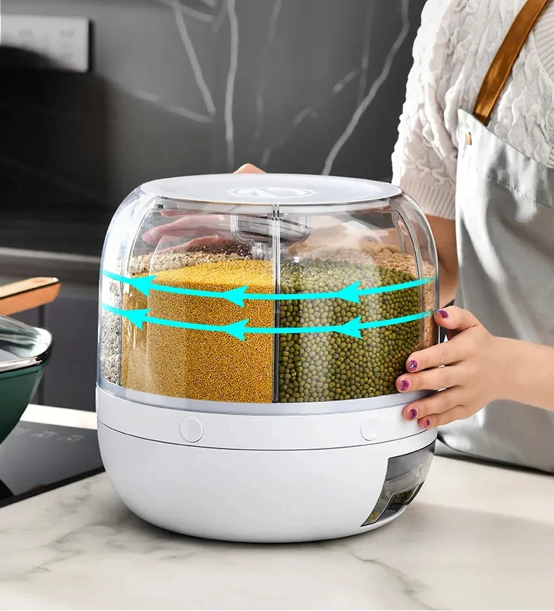 22lbs Round Cereal Grain Dispenser 10kg Kitchen 6 Grid 360 Rotating Dry ...