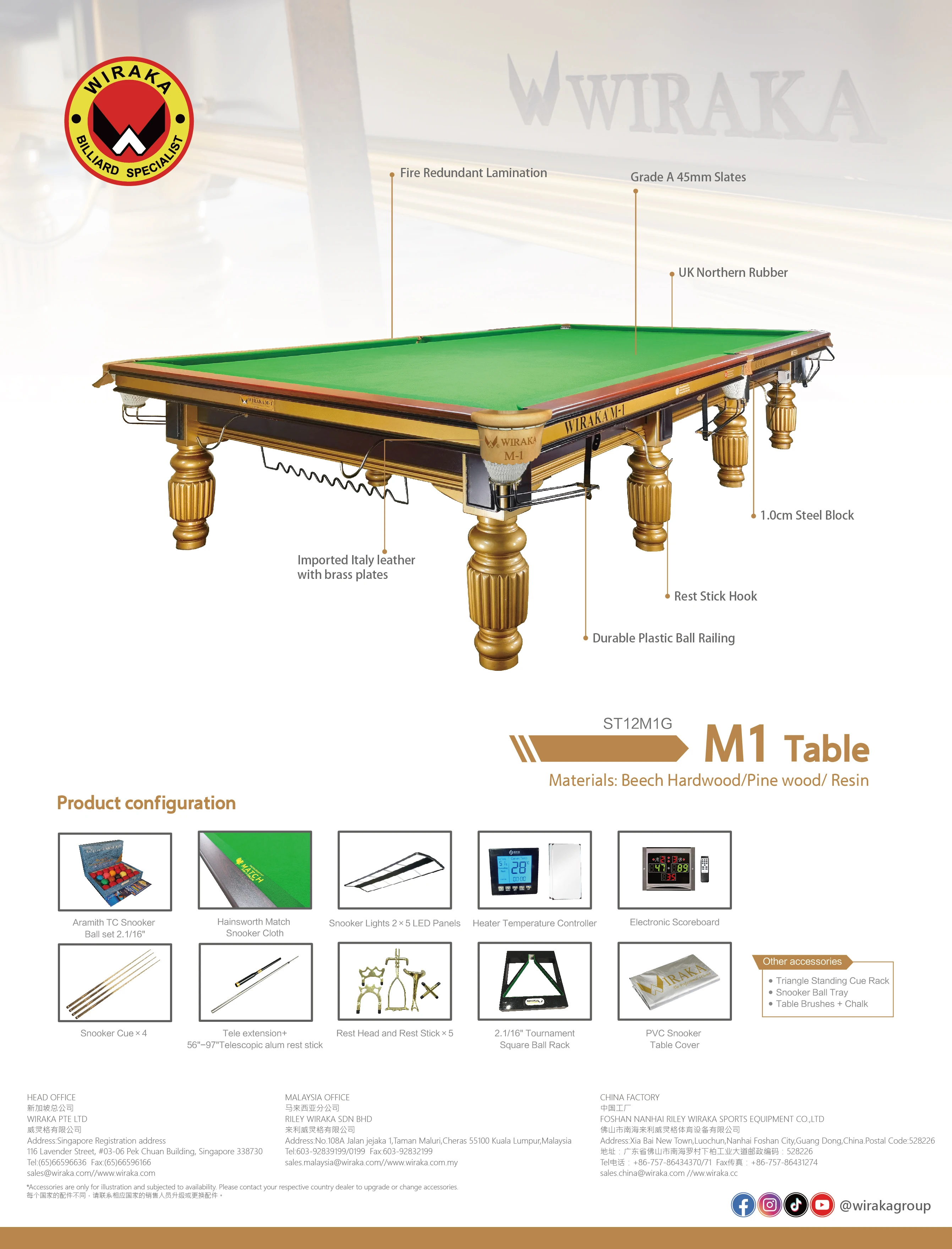 WIRAKA M1 Snooker Table - High Quality for Billiards Enthusiasts