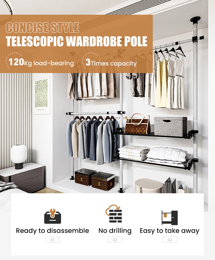 Wholesale Modern No Drill Telescopic Wardrobe Pole Adjustable Tension ...
