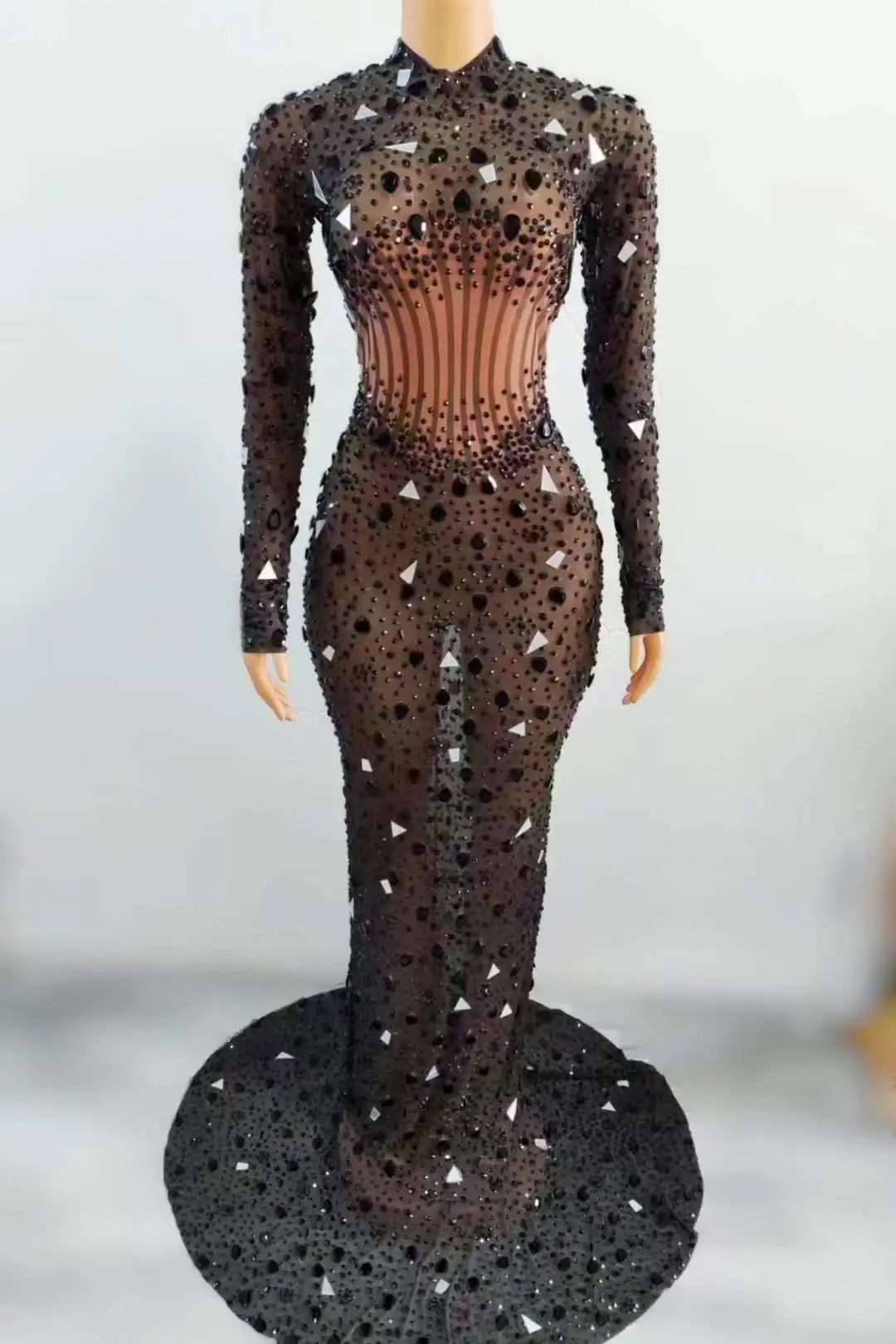 Ocstrade Elegant Black and Gold Dress with Rhinestone Sequins