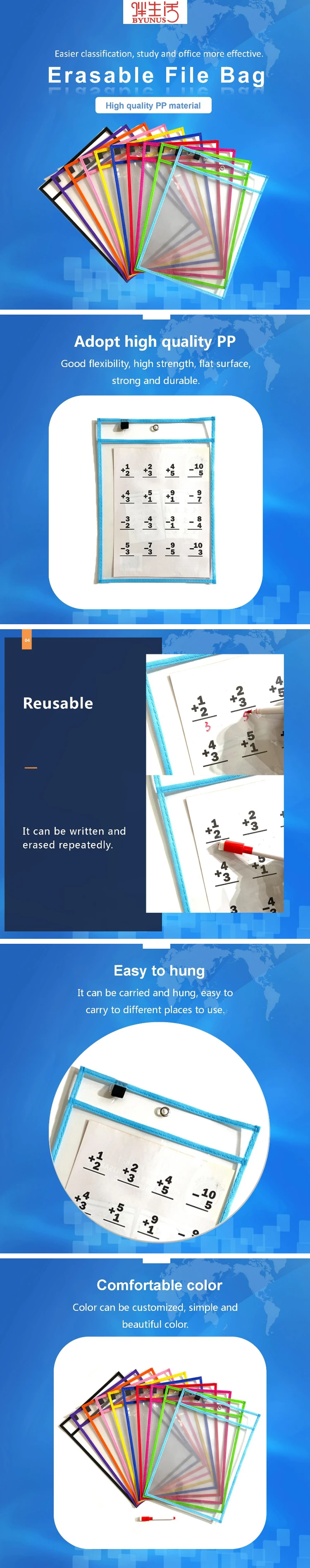 Assorted Colors Plastic Erasable File Bag Reusable Dry Erase Pockets ...