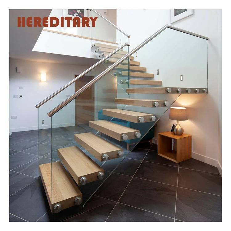 Stainless Steel Mono Stringer Glass Staircase With Solid Wooden Dais ...