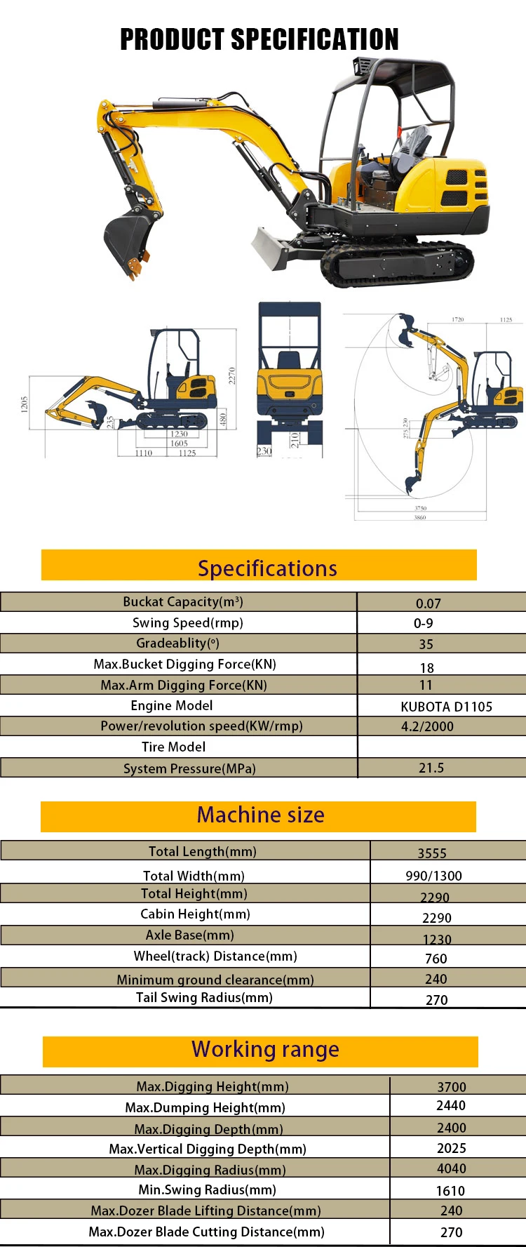 Kubota 2.2t Farm Excavators Crawler Moving Type 3t Operating Weight ...