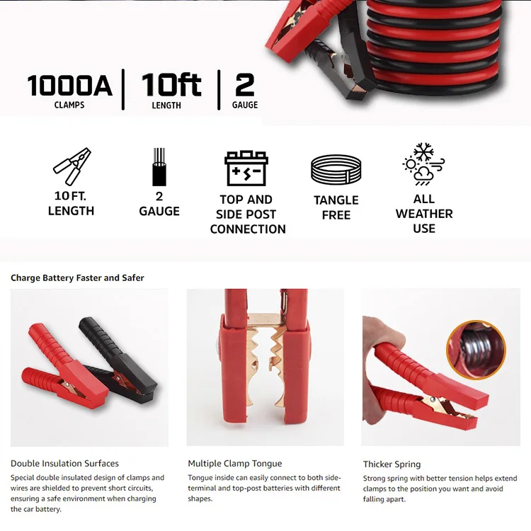Car Battery Cable Clips Heavy Duty alligator Clamp Leads Booster Cables ...