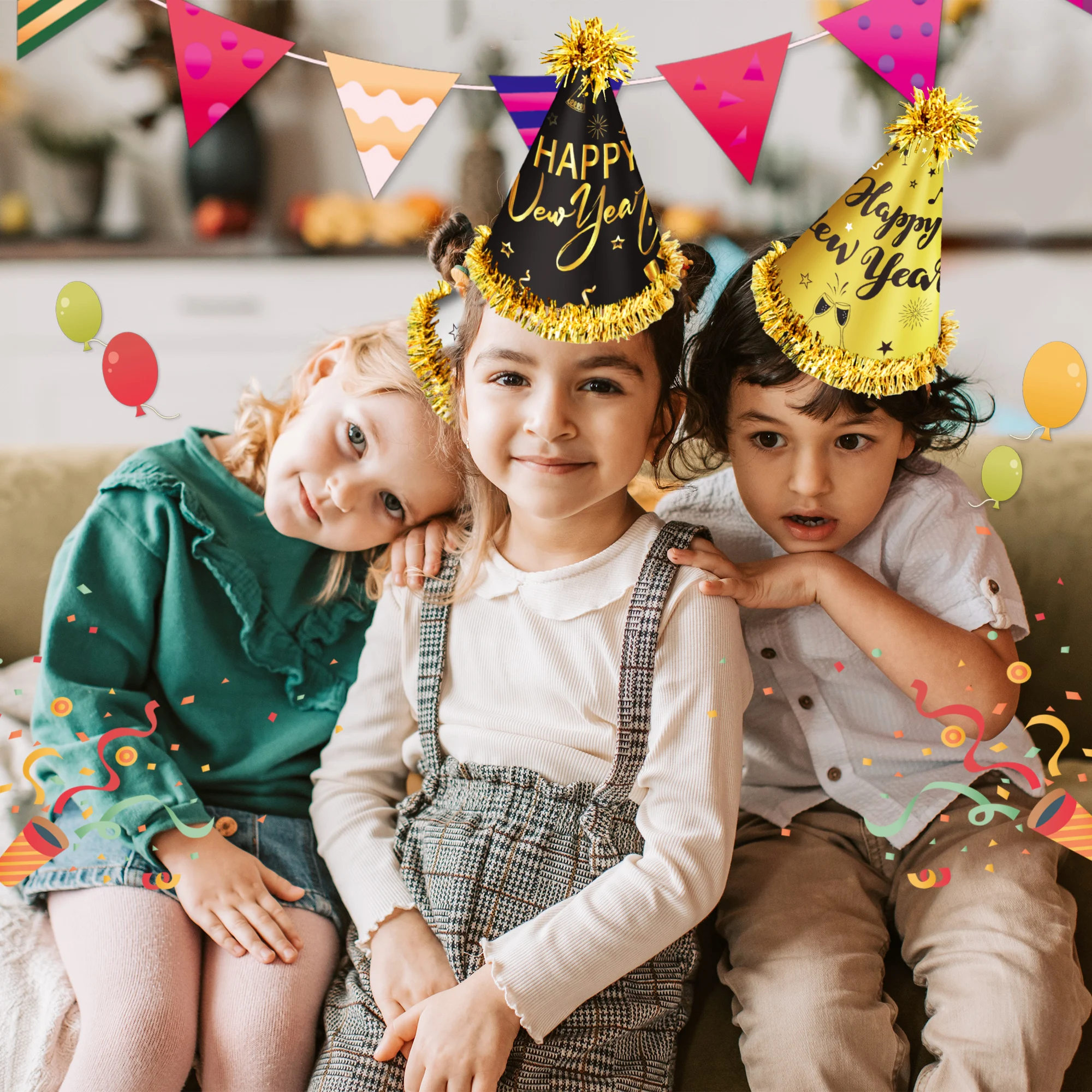 Huancai 6 PCS Happy New Year Party Hats Black Gold Paper Cone Hat With ...