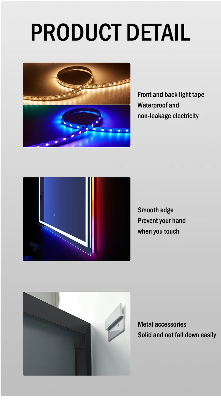 Modern Hotel Vanity Wall Mirror Rectangle RGB LED Frameless Bluetooth ...
