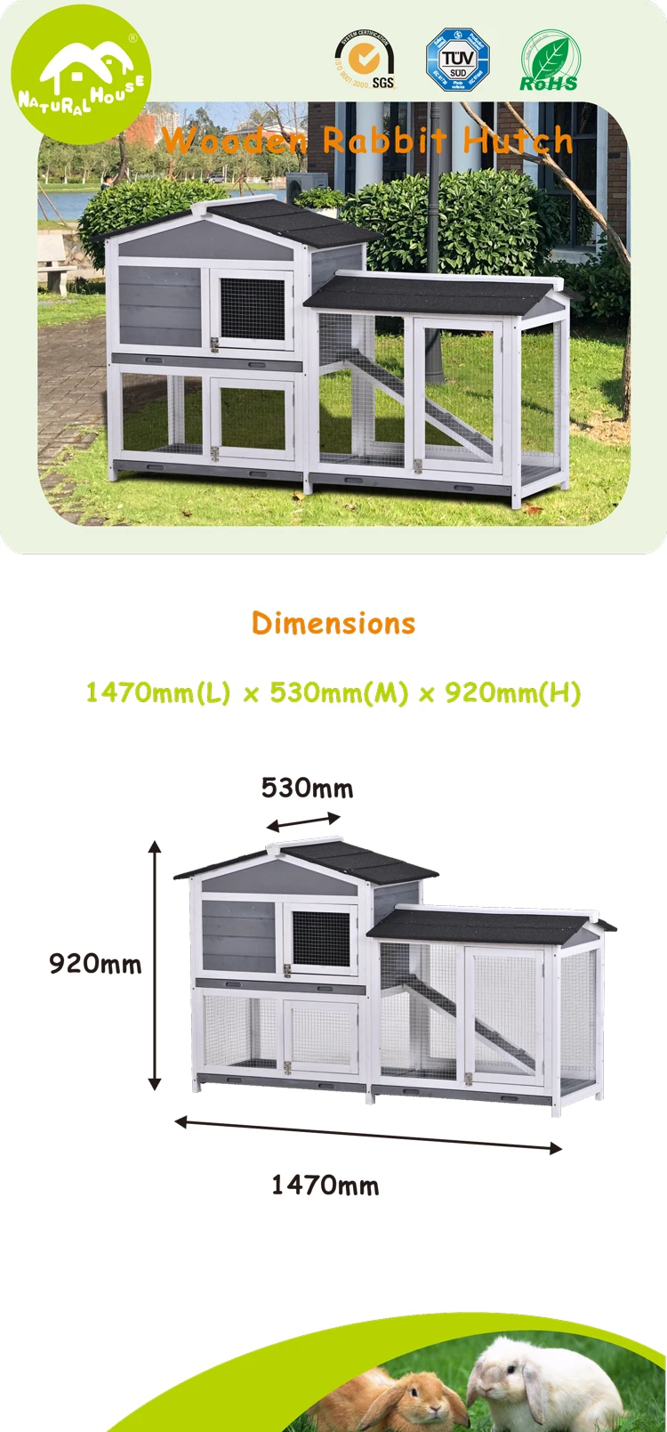 Wooden Rabbit Hutch - Small Animal House with Ramp