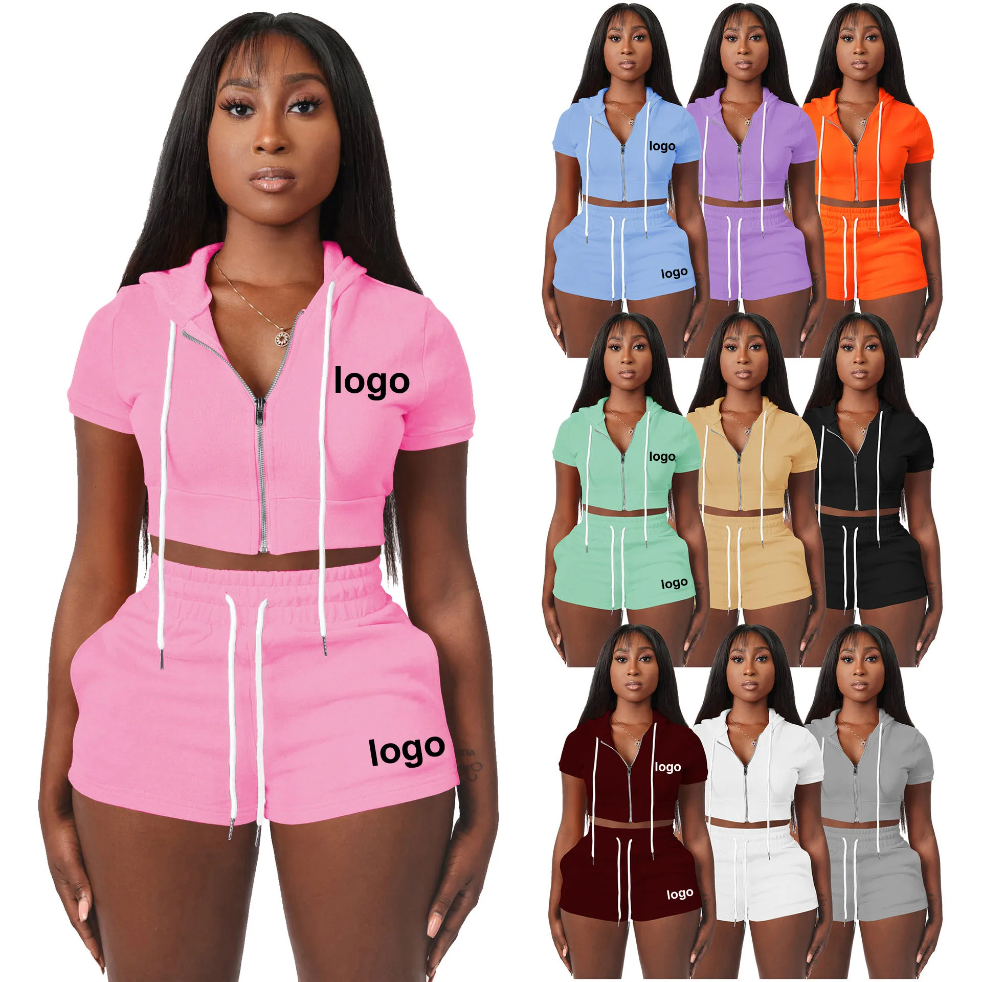 Sports Crop Top Hoodie Custom Logo Summer Short Set Women Zipper Biker Short Set 2 Piece Jogger ...