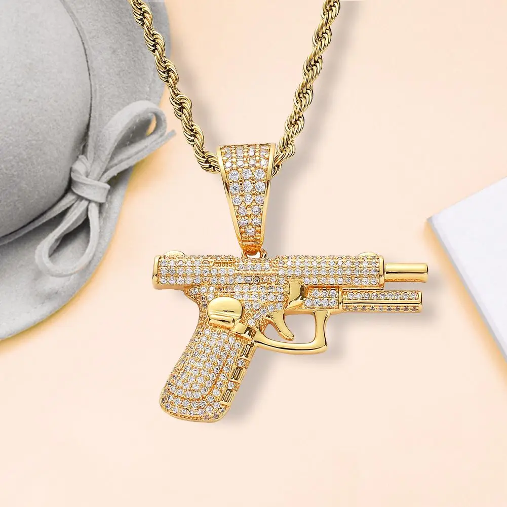 Gun Pistol Solid Golden Finish Pendant Real Rope Chain Necklace ...