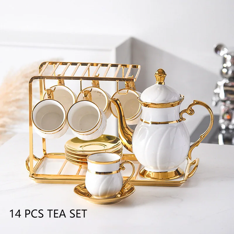 Luxury Tea Set Ceramic 8PCS - Golden Tea Pot & Porcelain Cups