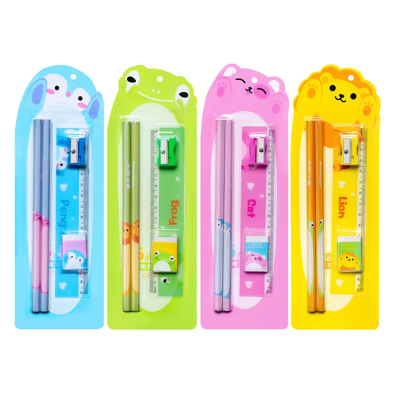 Cute Cartoon Animals Pencils With Eraser Ruler Sharpener Pen Grip For ...