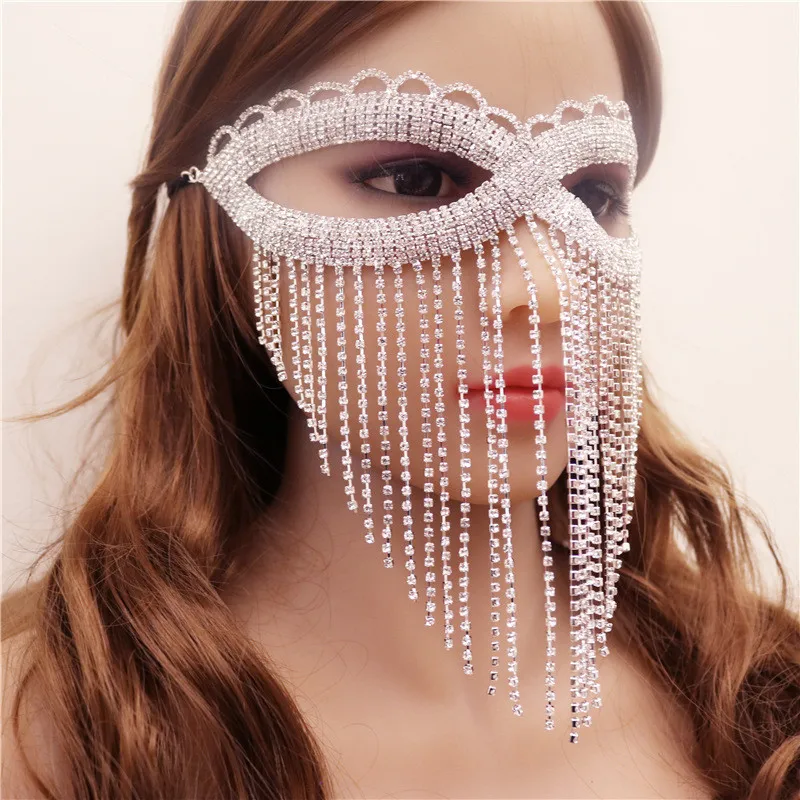 Fashion Rhinestone Face Chains Full Face Cover Long Tassel Head Wear ...