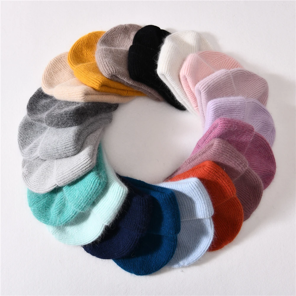 Outdoor Double Flap Thick Fluffy Angora Rabbit Fur Beanie Hat Striped ...