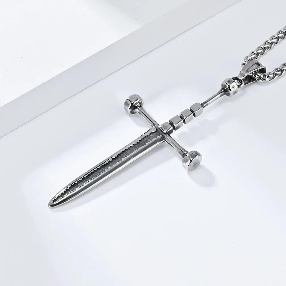 Retro Knight Ancient Sword Weapon Cross Titanium Steel Pendant Necklace ...