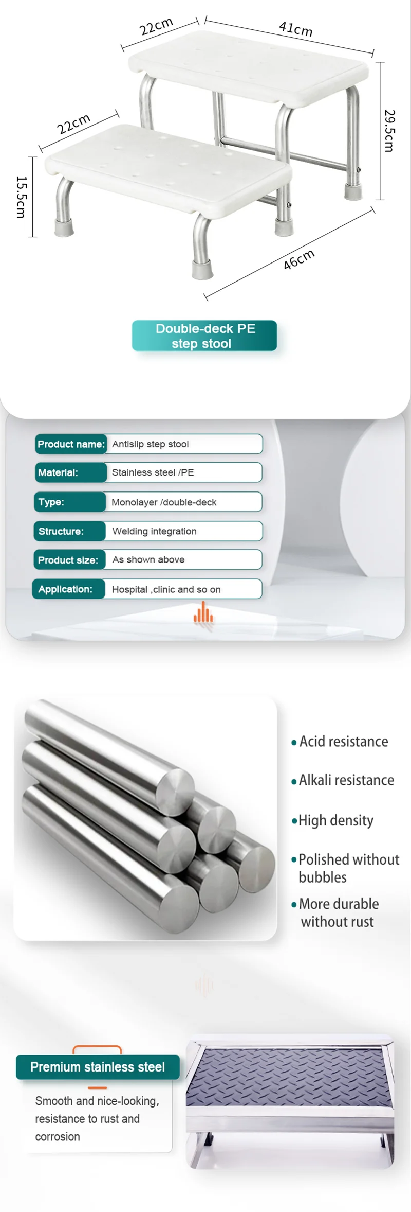 Double Step Stool Assembled Stainless Steel Bracket Abs Board Hospital ...