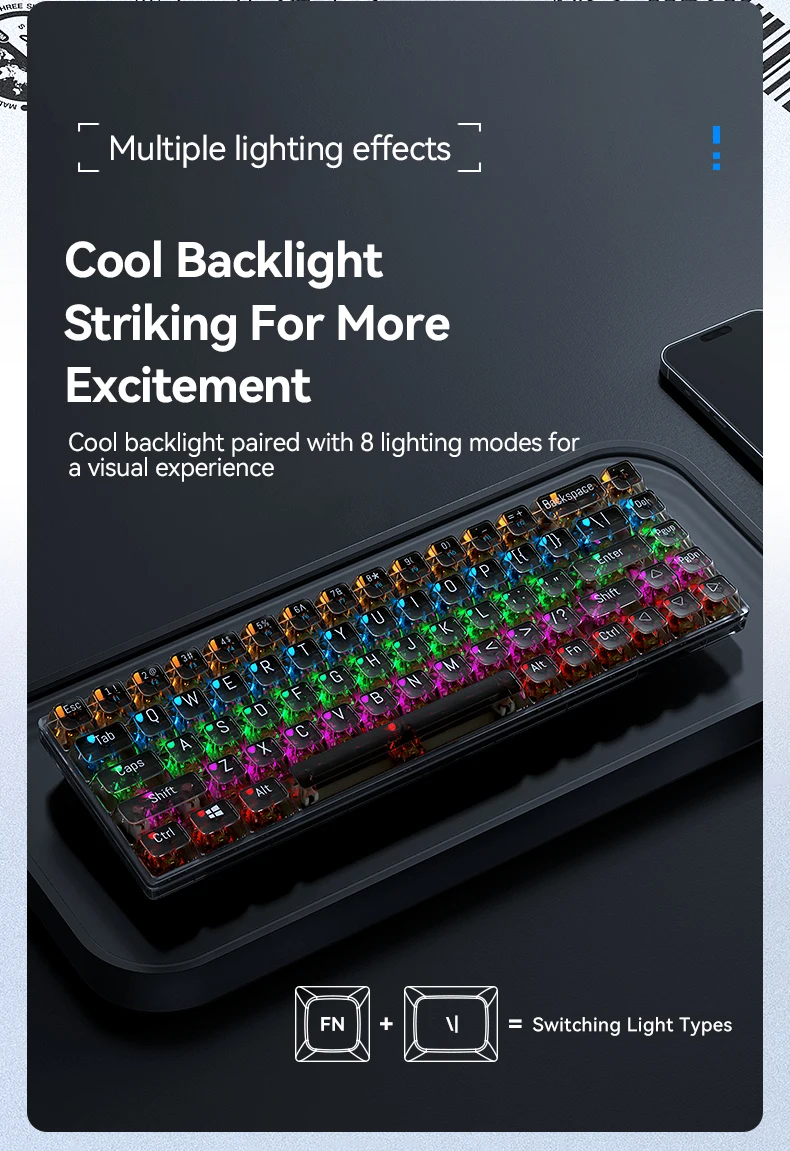 T-WOLF T40 Wired Mechanical Transparent Keyboard - 68 Keys