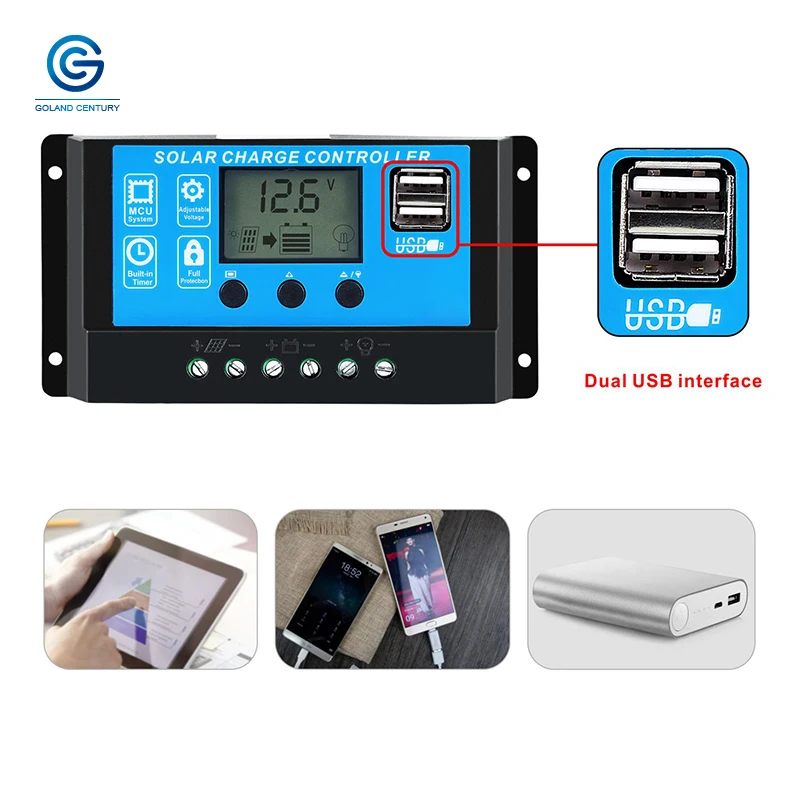 PWM 10A 20A 30A Solar Charge Controller 12V 24V Auto Work With Dual USB Ports LCD Display Solar ...