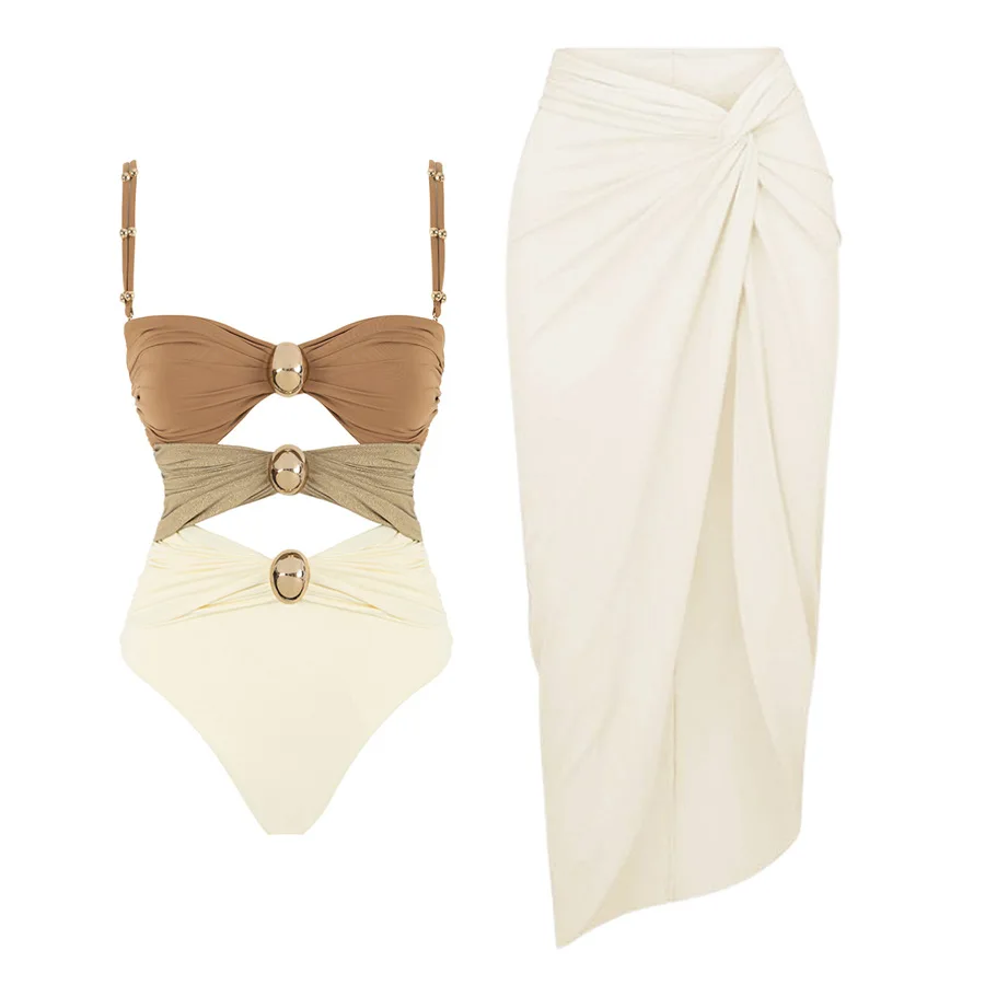 European Style One-piece Swimsuit Gold Colorblocking Multicolor ...