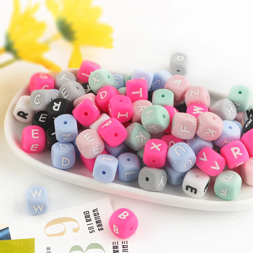 50pcs 12mm Square Cube Shape Alphabet Letter Soft Chew Bead Baby ...