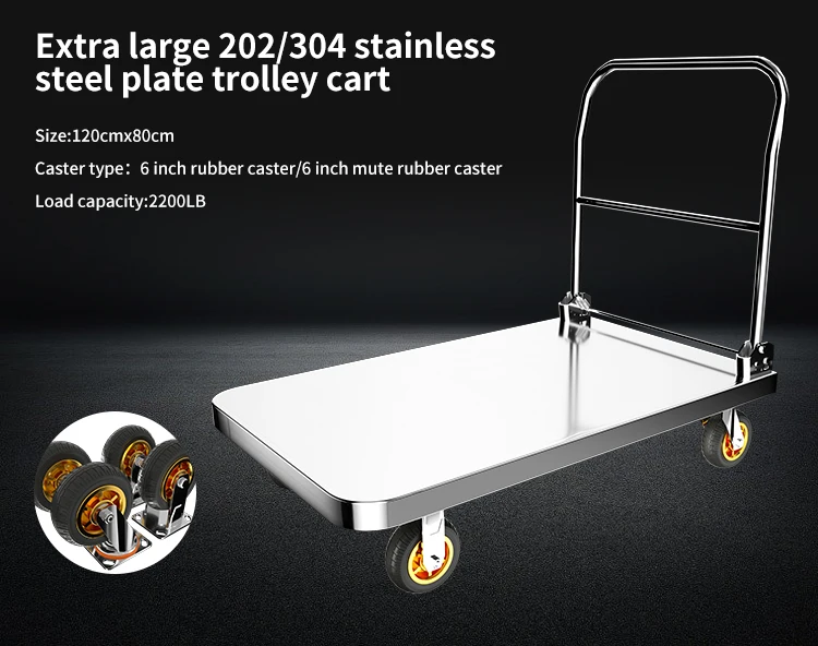 120*70cm Stainless Steel Hand Push Trolley - 1000kg Capacity