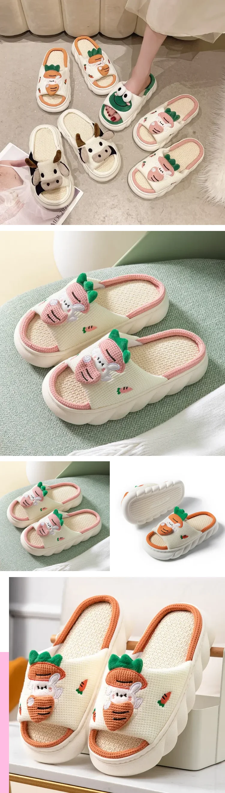 Ambr 2024 Hot Selling Cartoon Frog Cow Animal Flax Slippers Casual ...