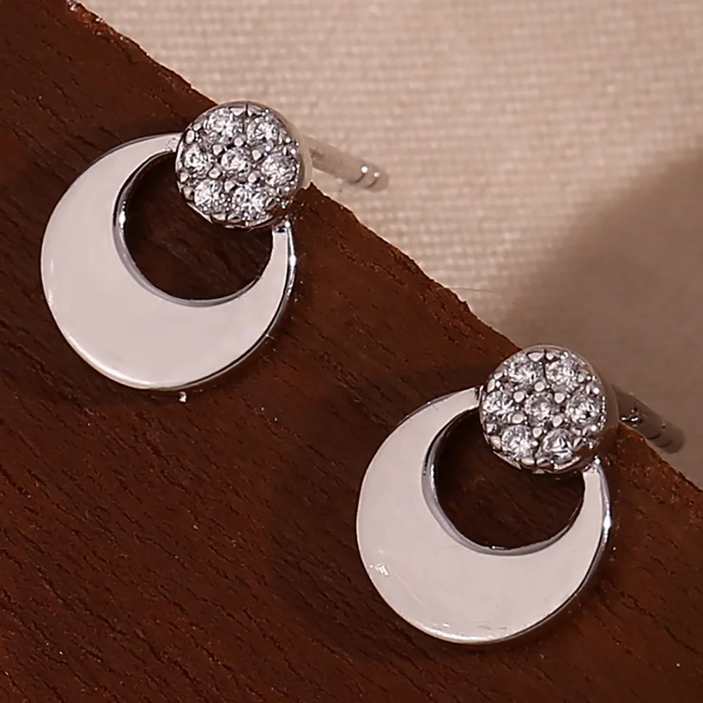 2023 Jewelry Shining Zircon Full Moon Stud Earring Sterling Silver Earrings Round Gold-plated ...