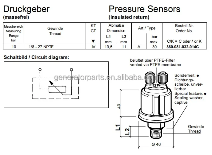 VDO 1/8 NPTF Oil Pressure Sensor 0-10bar Replacement for Generators OEM