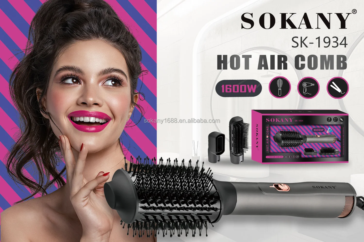 Sokany 1934 3 In 1 Electric Ion Blow Tangle-free One Step Hair Dryer And Volumizer Straightener ...