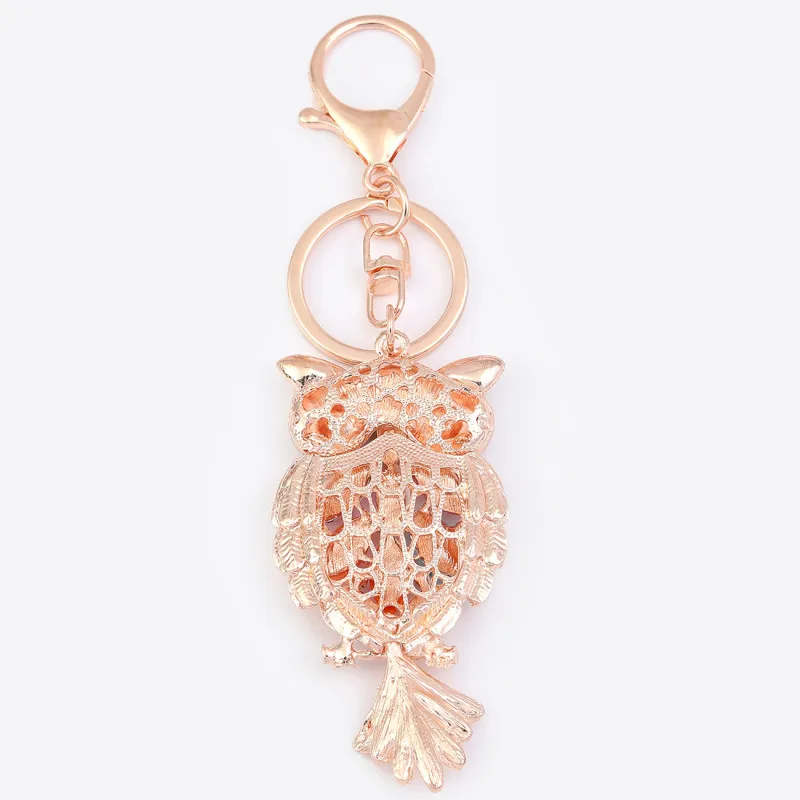 Luxury Rose Gold Metal Owl Keychains with Crystal Rhinestones