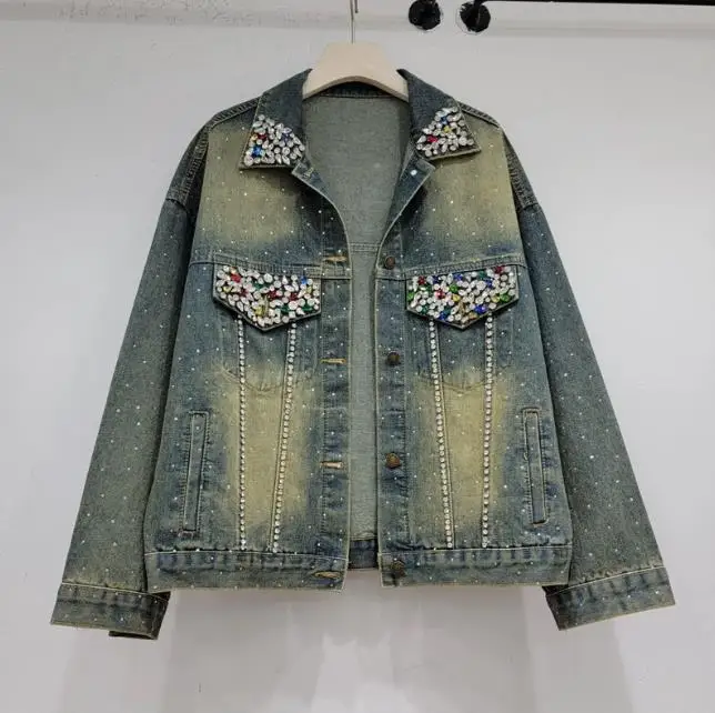 Retro Color Diamond Denim Jacket 2024 Spring Rhinestone Loose Long ...
