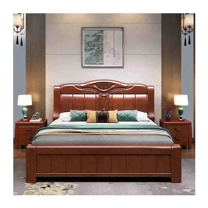 modern queen bed frame Chinese solid wood bed bedroom double wooden ...