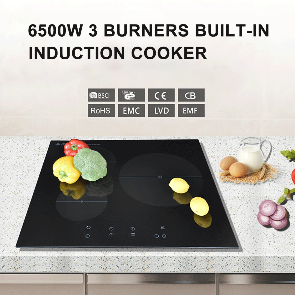 6500w 3 Burners Built-in Induction Cooker Heating Zones Touch Control 2 ...