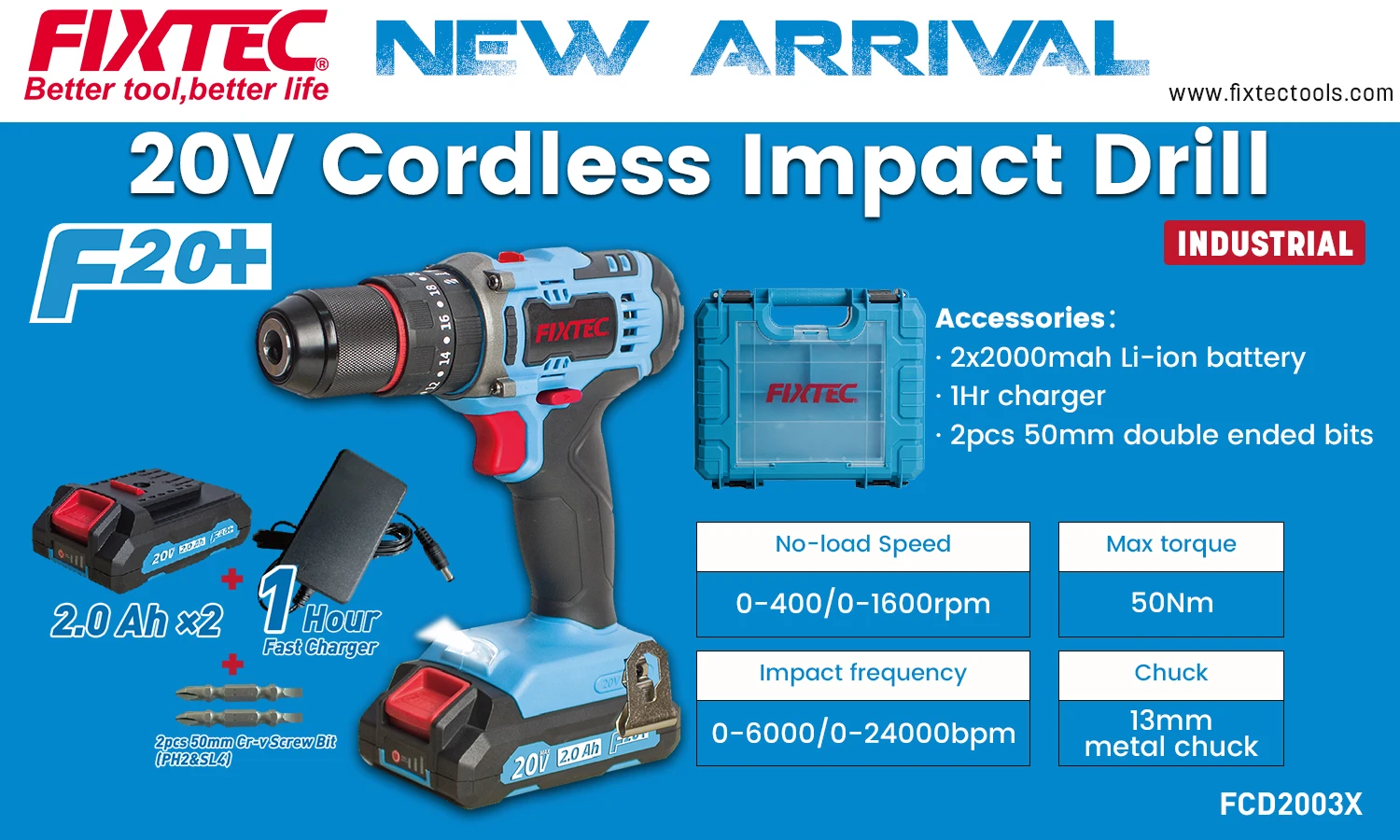 FIXTEC 20V Cordless Impact Drill - 50NM Power & Variable Speed
