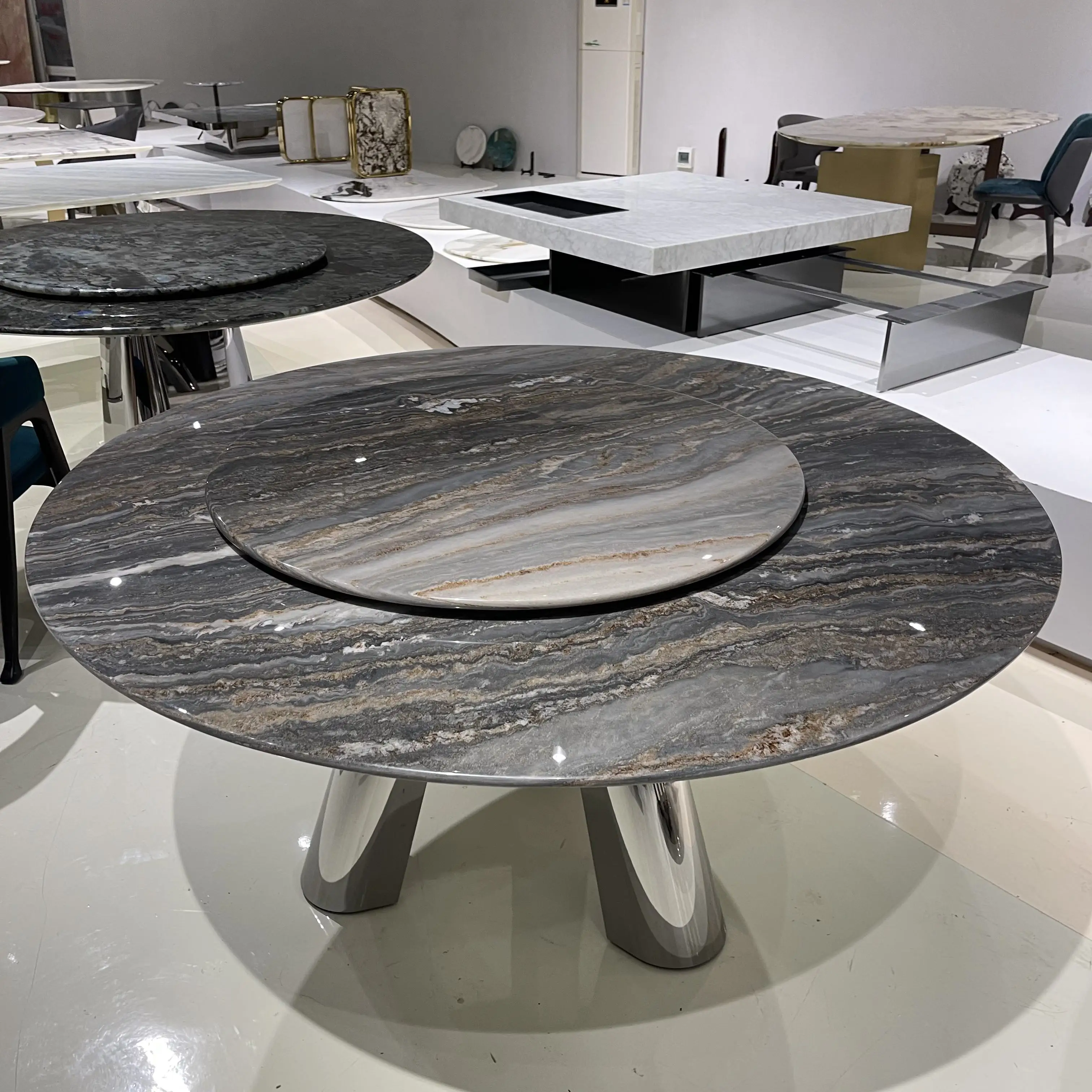 Luxury Slate Round Dining Table Multi-person With Turntable Dining ...