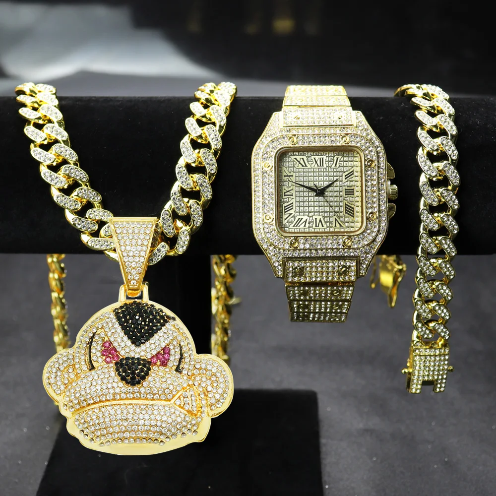 Iced Out Miami Cuban Link Chain Hip Hop Men Watches Monkey Pendant ...