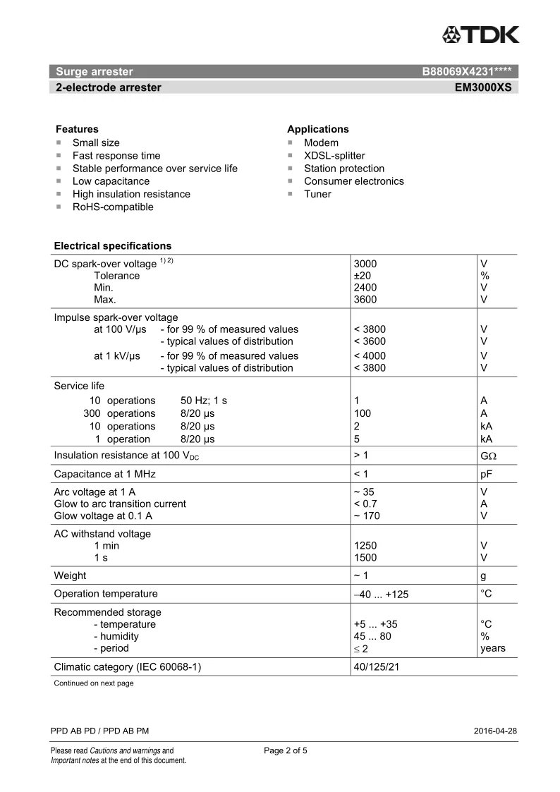 Original Epcos/tdk Gdt B88069x4231s102 Em3000xs 2ka 3000v Gas Discharge ...