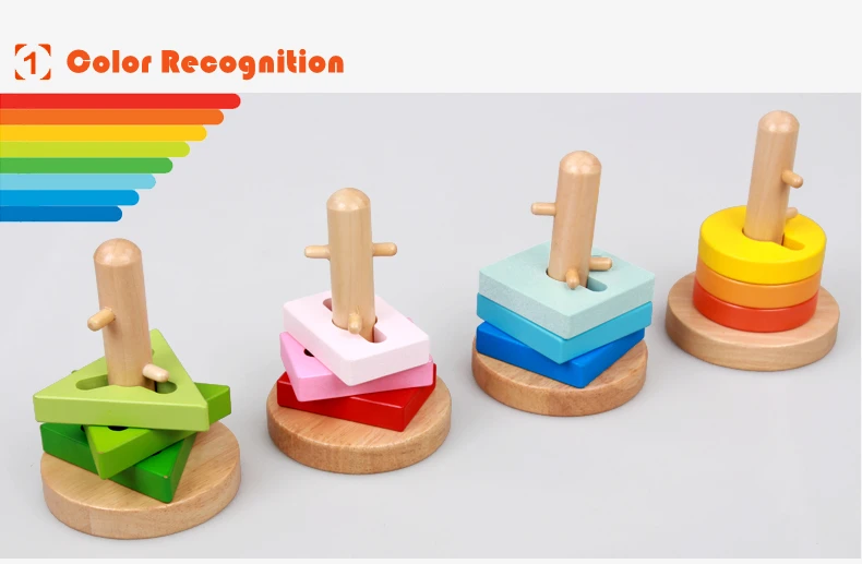Children Preschool Educational Sorting Ring Blocks Wooden Shape Sorter ...