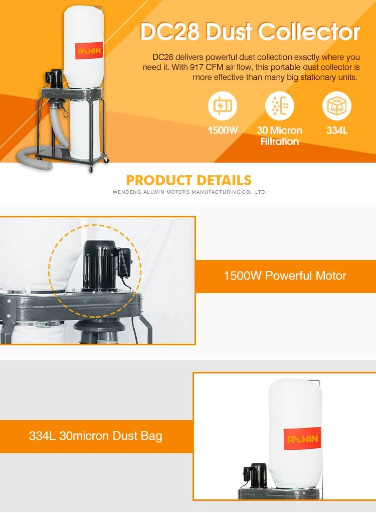 Professional 30micron Dust Bag Dust Collector 1500w Movable Design Dust ...