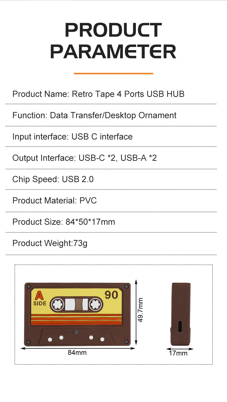 Retro Tape Design USB C HUB - Data Transfer & Video Output