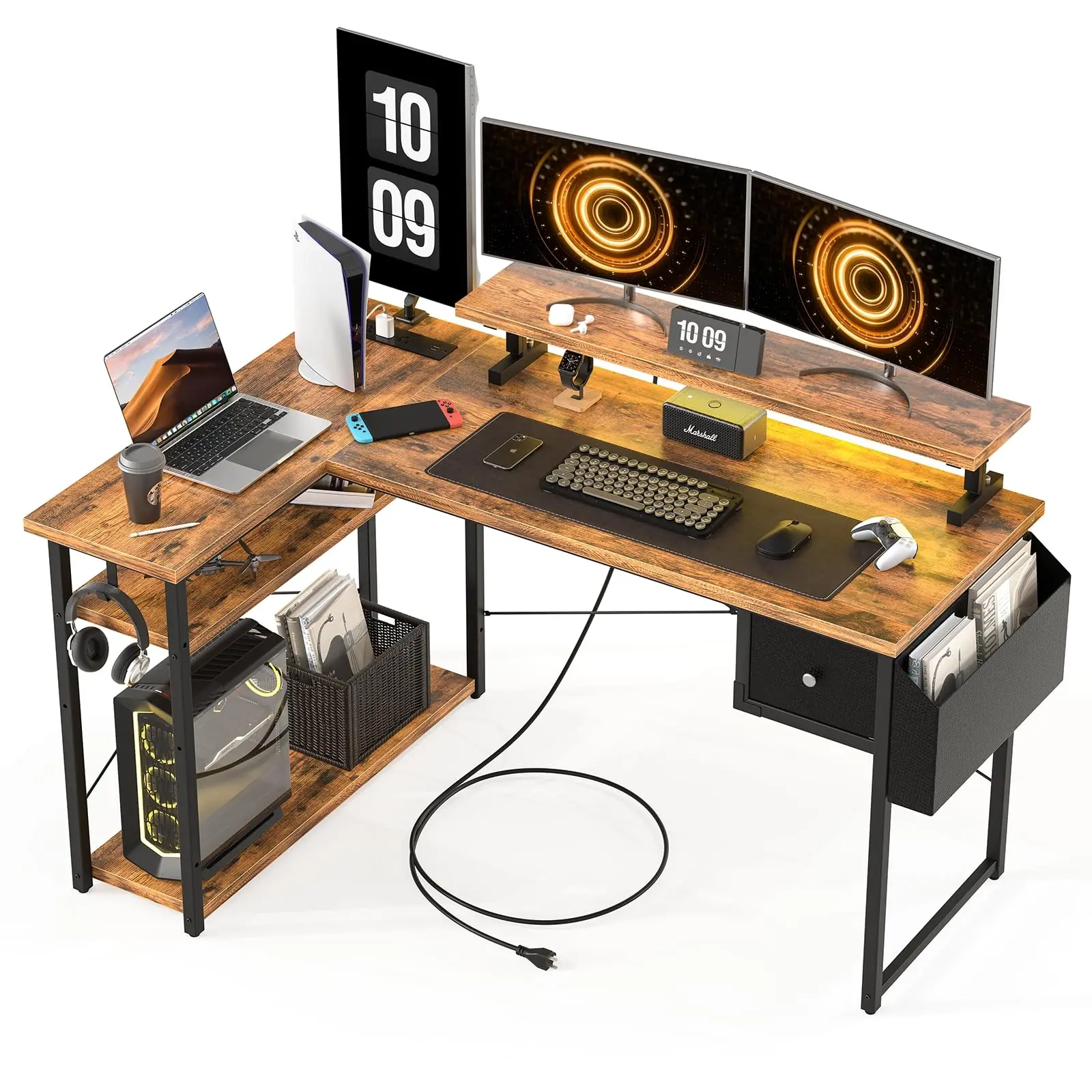 Industrial Steel Wooden L-Shape Gaming Computer Desk with Power Outlet ...