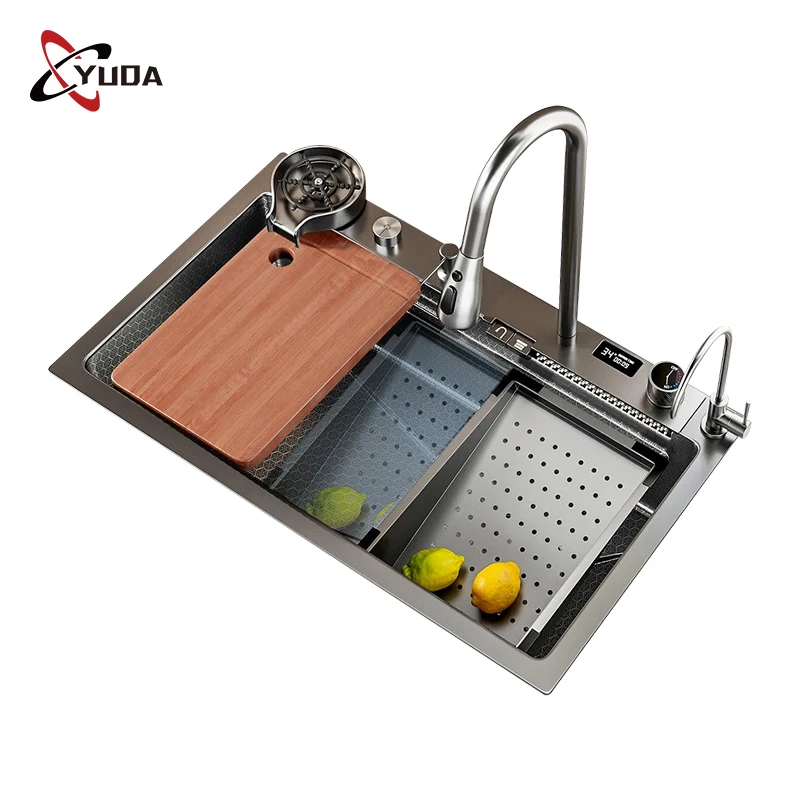 LED Digital Display Waterfall Kitchen Sink - 304 Stainless Steel