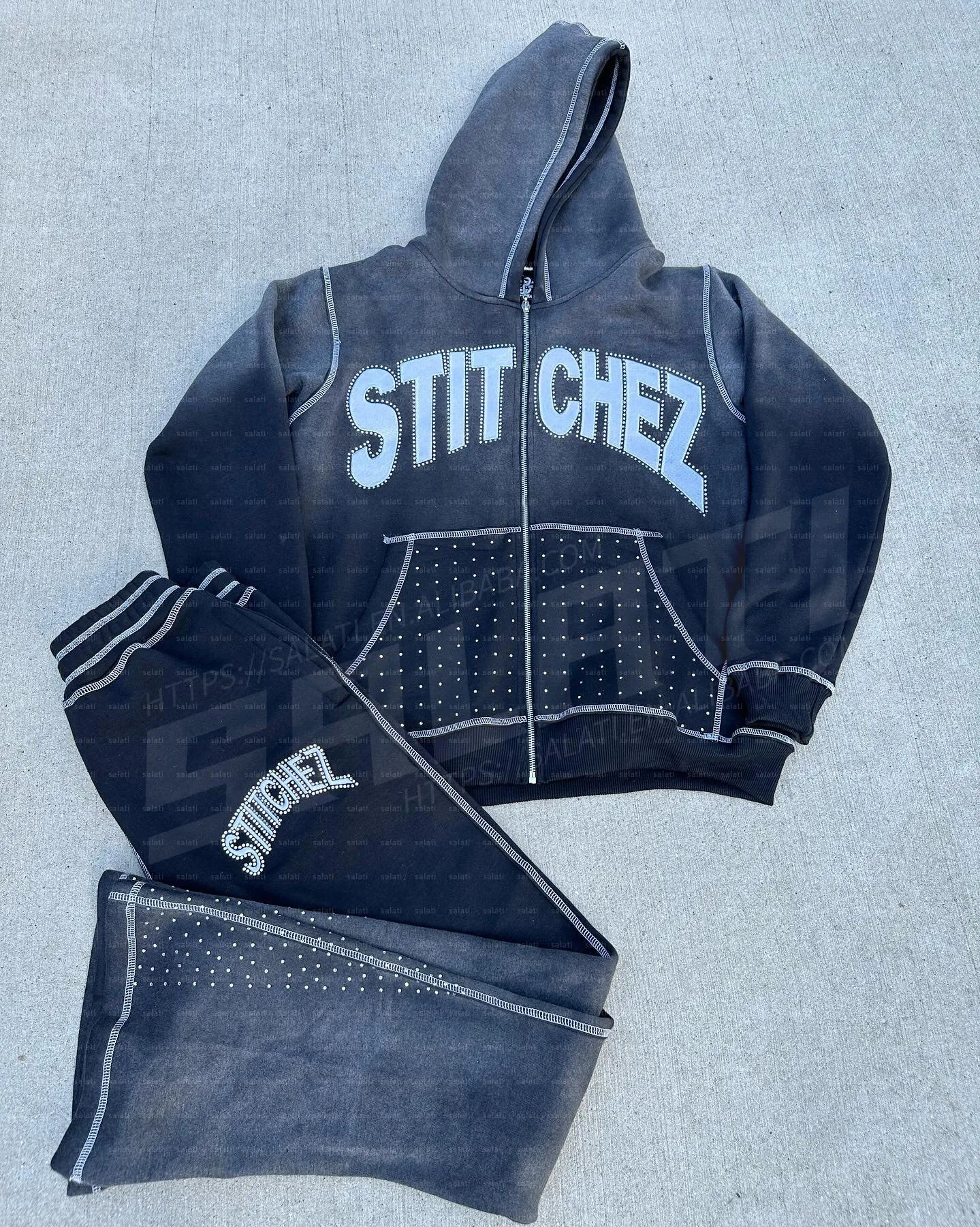 Custom Distressed Acid Wash Tracksuit with Rhinestone Zip