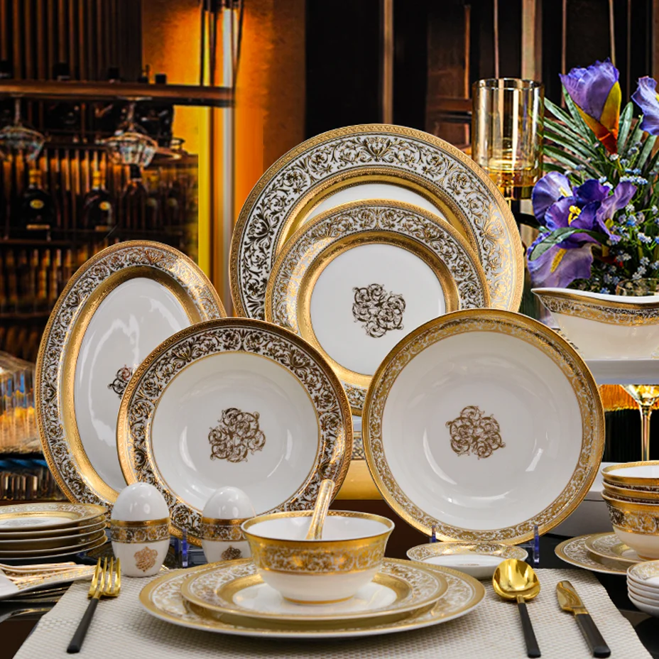 Karosa Luxury 79pcs Embossed Gold Porcelain Bone China Wholesale Dinnerware Dinner Plate Dishes Bowls for 12 People Alibaba