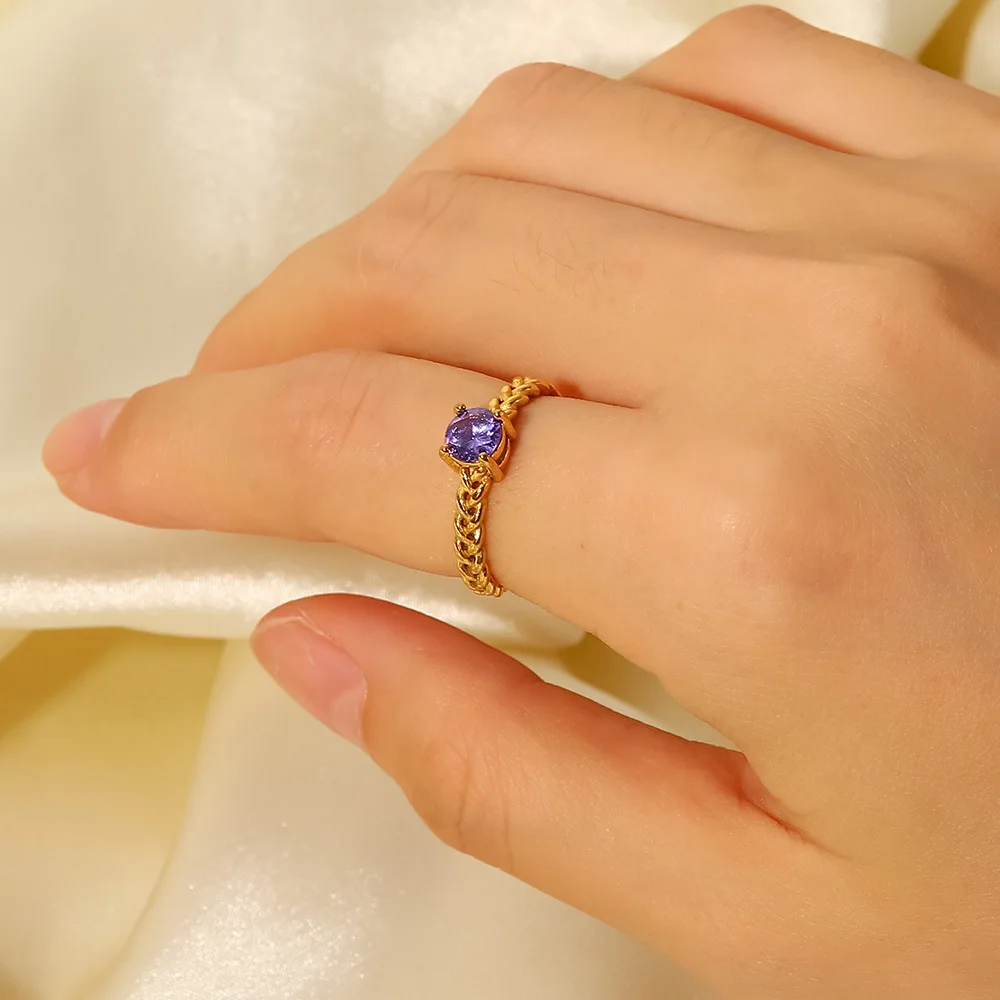 Ins Style 18k Gold Stainless Steel Round Zircon Inlaid Wheat Braided Adjustable Ring For Women ...