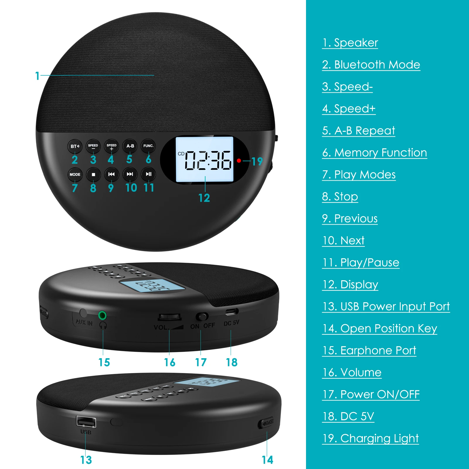 Portable Cd Player With Bluetooth Cd Player With Speakers Rechargeable ...