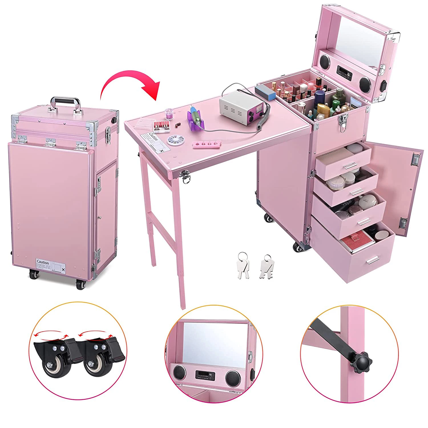 Cosmetic Trolley Travel Storage Organizer Nail Tables With 4 Drawers ...