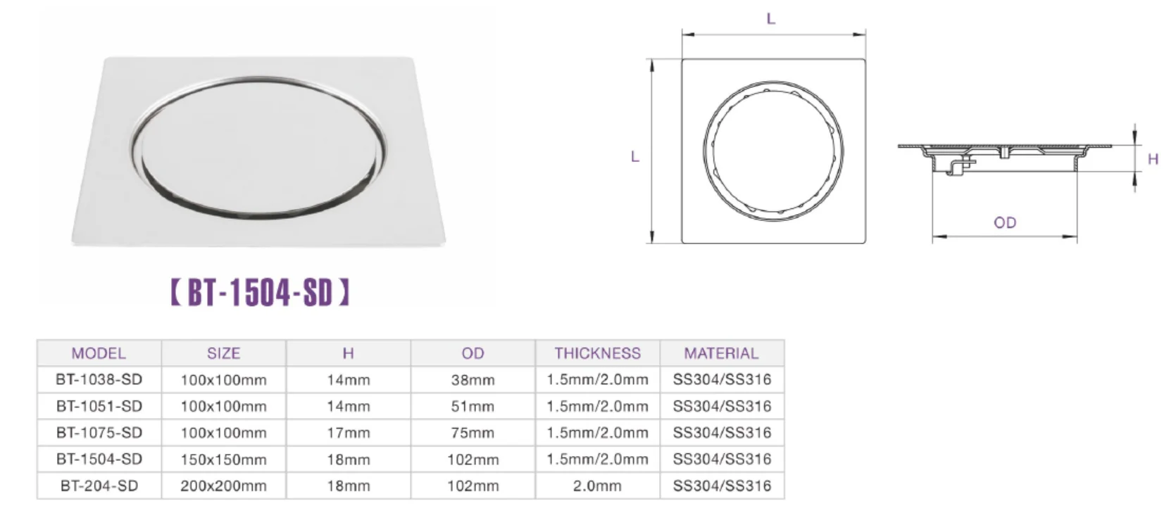 150*150mm Size102mm Outelet Rectangular Stainless Anti Odor Floor Drain ...