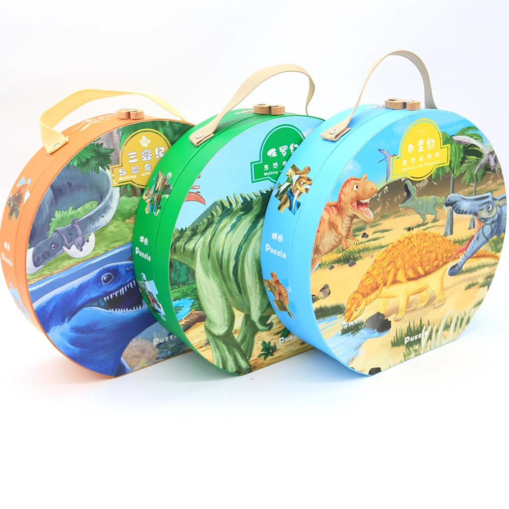 Diy Dinosaur Puzzle Cardboard Round Puzzle Box With Handle Puzzle Gift ...