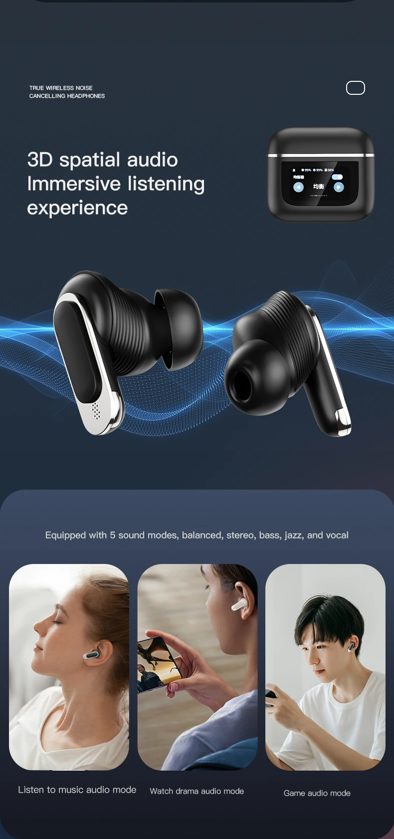 Newest Anc Enc 4 Mics Touch Lcd Screen Bt 5.3 Wireless Earbuds Deep ...
